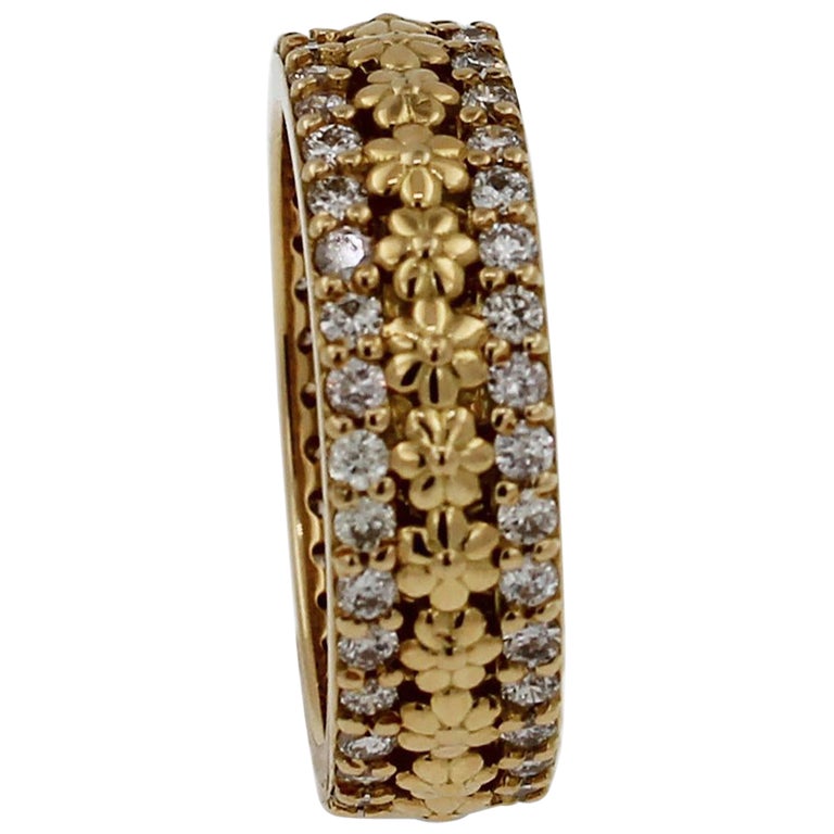 Diamond Flower Nature Plant Eternity Wedding Band Pave 18 Karat Yellow ...