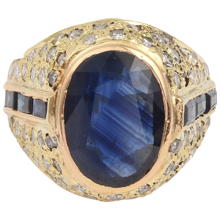 18K Yellow Gold Sapphires Diamonds Signet Ring at 1stDibs
