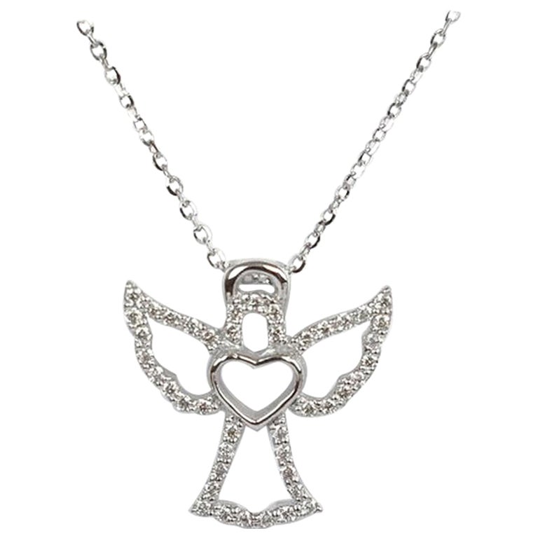 14k Gold Diamond Heart Angel Charm Pendent Necklace For Sale at 1stDibs