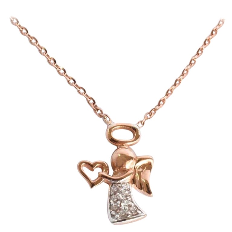 14k Gold Angel Charm Pendent Necklace with 0.05 Ctw. Diamond For Sale ...