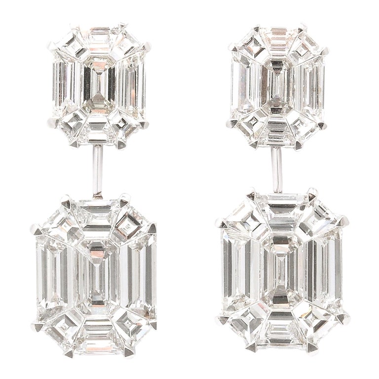 Emerald Cut Illusion Diamond Dangle Drop Earring For Sale at 1stDibs
