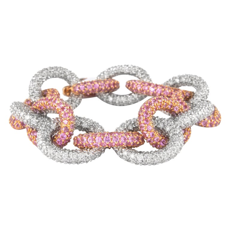 53.30 Diamond and Pink Sapphire Chain Pave Bracelet 18 Karat White and ...