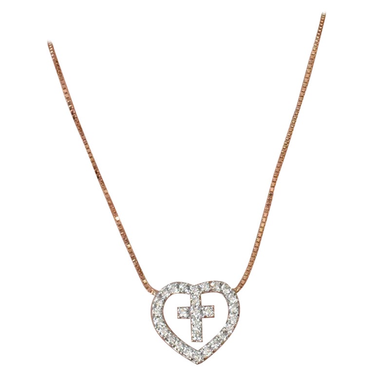 18k Gold Heart Cross Diamond Necklace Valentine Jewelry For Sale at 1stDibs