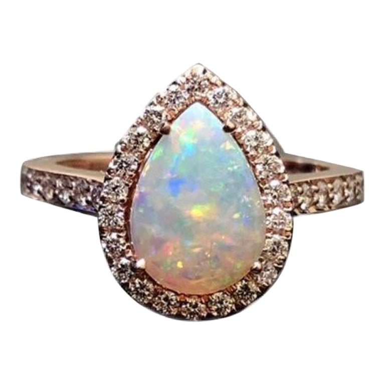 Handmade 18k Rose Gold Halo Diamond Australian Pear Shape Opal