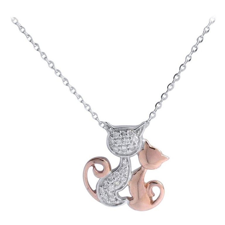 18k White and Rose Gold Diamond Cat Charm Necklace Two Tone Diamond ...