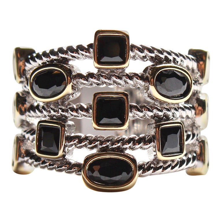 Black Topaz 925 Sterling Silver 14k Gold Plated Rope Cocktail Ring For ...