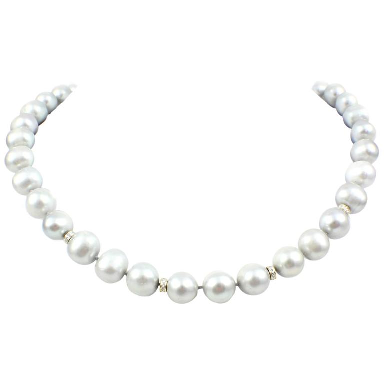 Bergman Gray Pearl Diamond Station Gold Necklace For Sale at 1stDibs