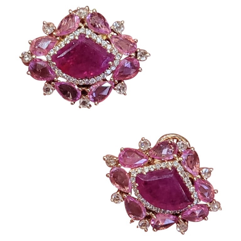 Set in 18K Rose Gold, Mozambique Ruby, Pink Sapphires and Diamonds Stud ...