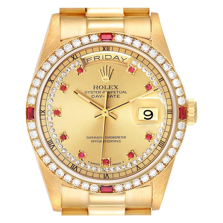 Rolex President Day-Date Yellow Gold String Diamond Ruby Dial Watch ...