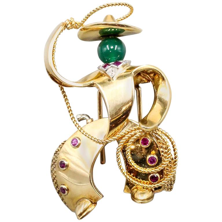 Van Cleef and Arpels Chrysoprase Ruby Diamond Gold Cowboy Brooch at 1stDibs