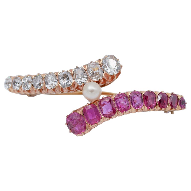 Rubies, Diamonds, Pearl, 18 Karat Rose Gold Brooch. For Sale at 1stDibs