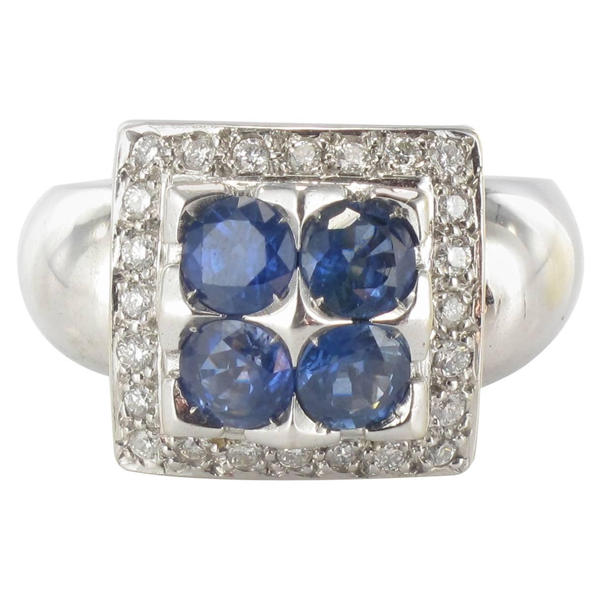 Sapphire Diamond Gold Square Ring at 1stDibs