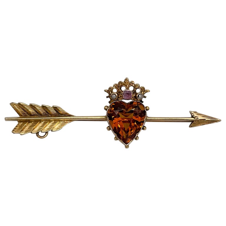Victorian 9 Karat Gold Citrine Seed Pearl Ruby Crown Heart Arrow Bar ...