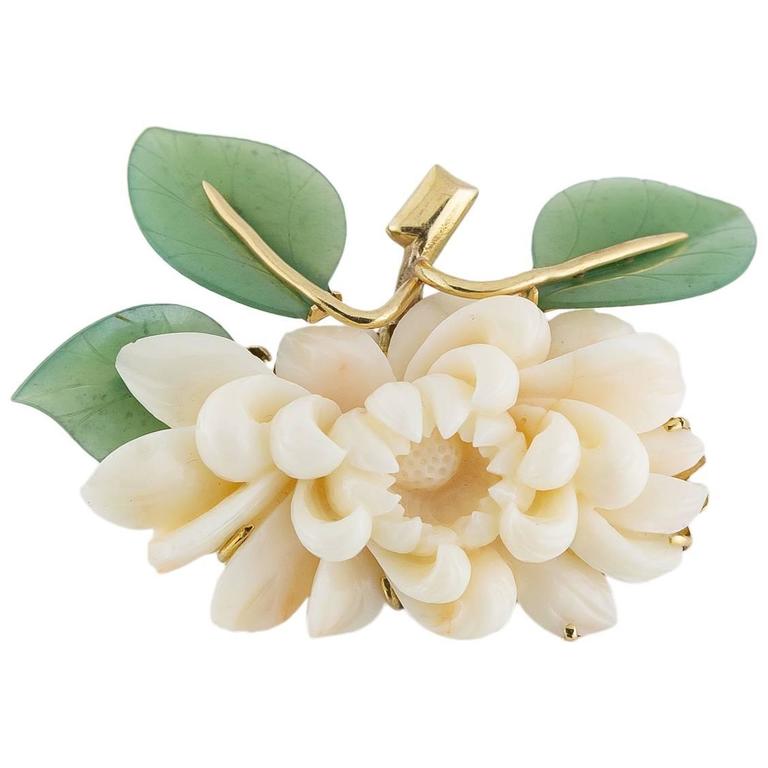 Carved Coral Jade Gold Flower Pin at 1stDibs