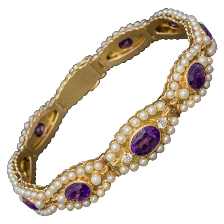 Antique Edwardian French Bracelet Amethyst Diamond Pearl 18ct Gold For ...