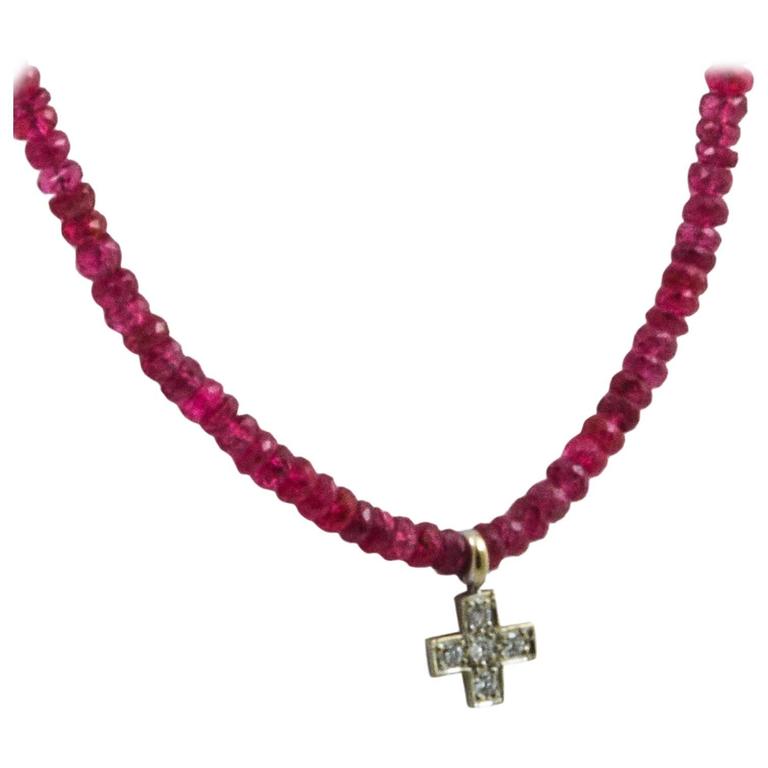 Pink Sapphire Necklace with Diamond Cross at 1stDibs