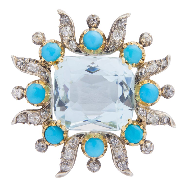 Turn of the Century, Aquamarine, Turquoise and Diamond Brooch Pin For ...