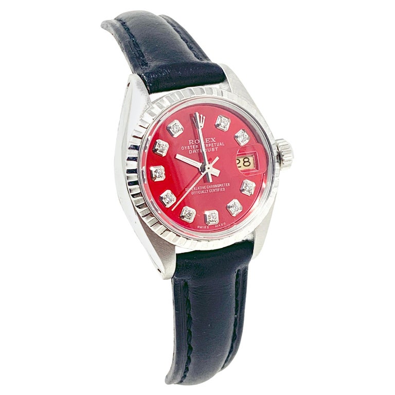 Rolex Ladies 6516 Datejust Red Diamond on Leather at 1stDibs