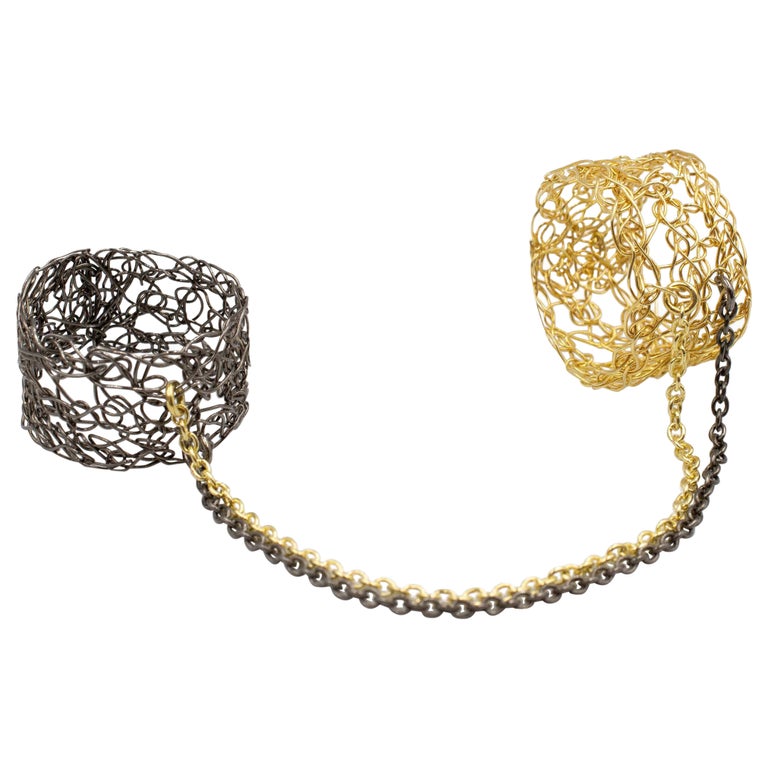 Yellow Gold and Black Rhodium Hand Knitted Double Finger Bond Rings For ...