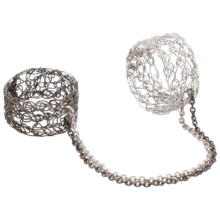 Platinum and Black Rhodium Hand Knitted Double Finger Bond Rings For ...