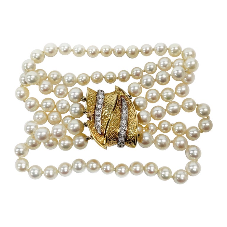 William Ruser Yellow Gold Platinum Four-Strand Pearl Diamond Bracelet ...