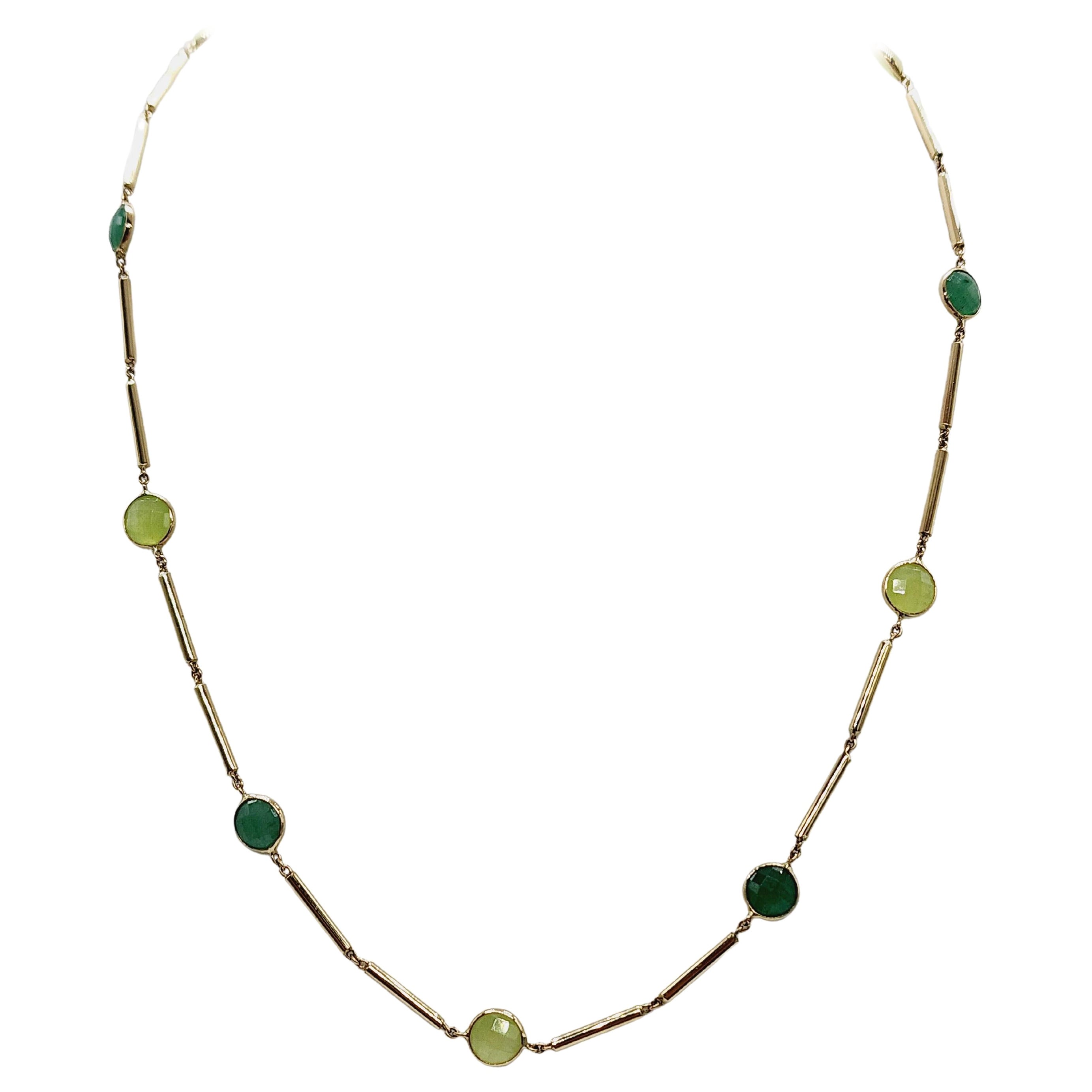 Green Amber 14k Yellow Gold Link Chain Necklace For Sale at 1stDibs