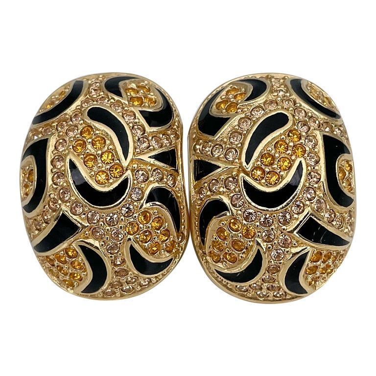 1990s Vintage Christian Dior Orange Crystal Black Enamel Clip on ...