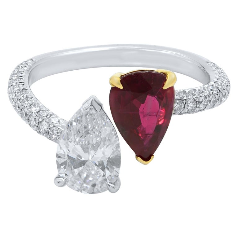 Double Pear Shape Ruby and Diamond Cross Over Handmade Ring Platinum For Sale at 1stDibs
