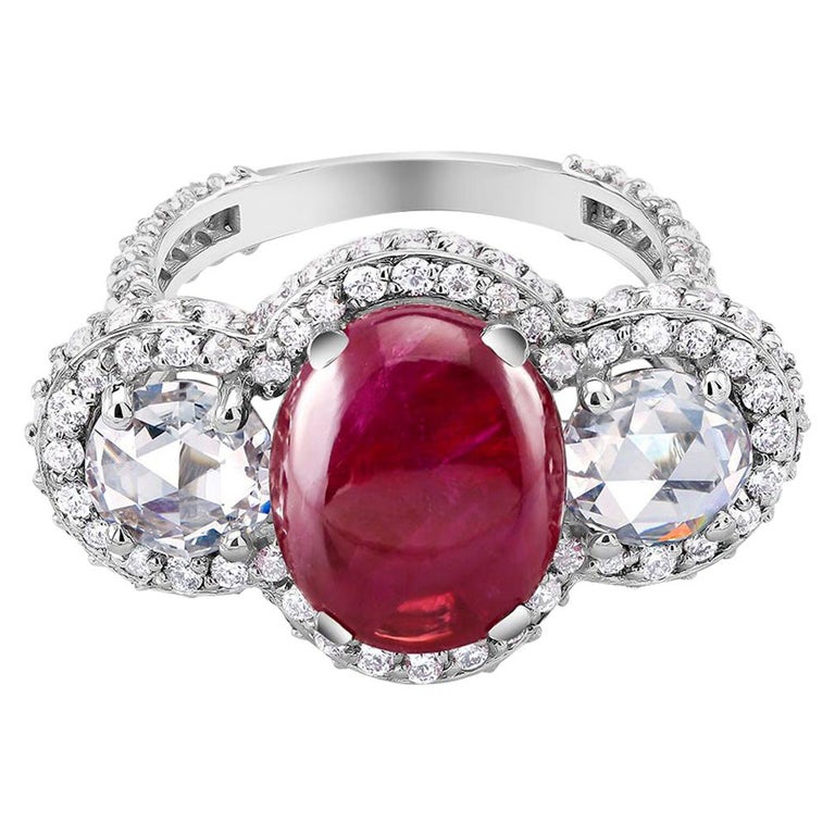 Burma Cabochon Red Ruby and Diamond Cocktail Cluster Ring For Sale at ...