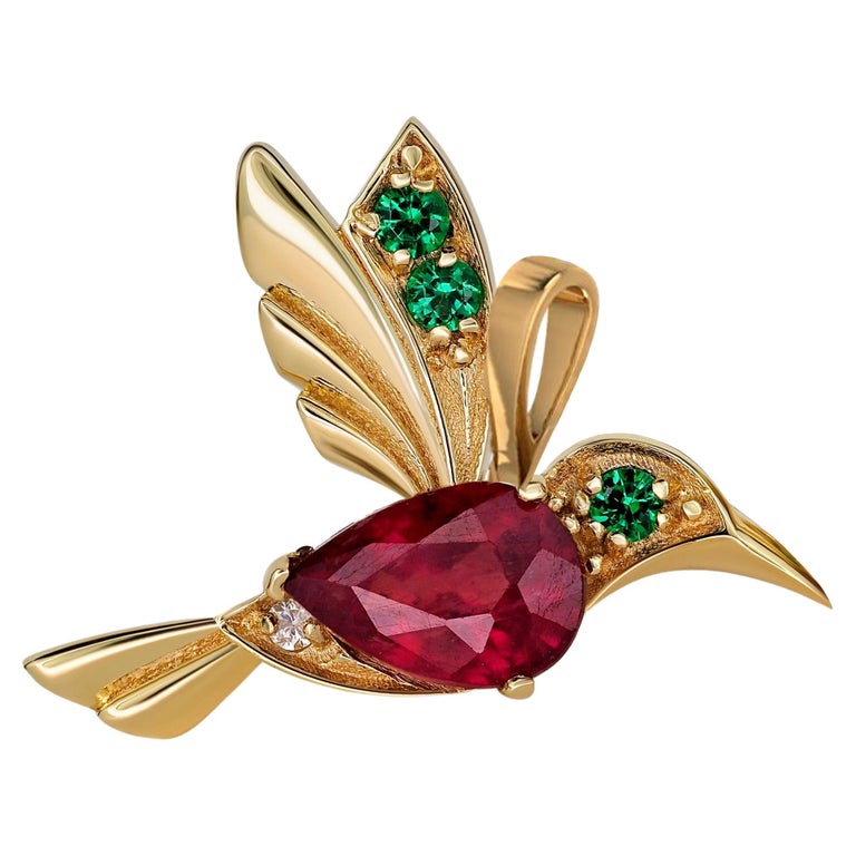 14k Gold Hummingbird Pendant with Rubies, Bird Pendant with Colored ...