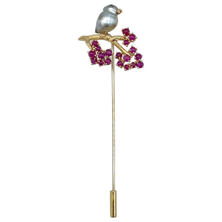 White Black Diamond Ruby 18kt Gold Keshi Tahitian Pearl Pin Stick ...