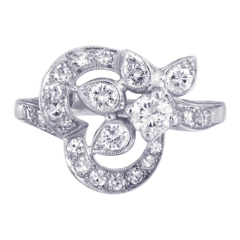 Platinum Flower Ring with Diamonds For Sale at 1stDibs