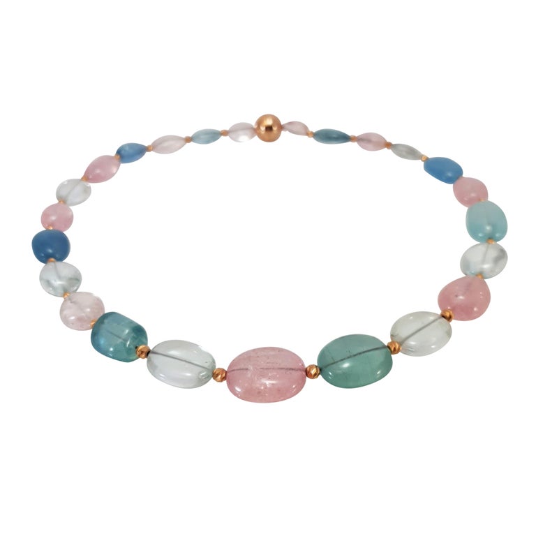 Aquamarine Morganite Beryl Baroque Beaded Necklace with 18 Carat Rose ...
