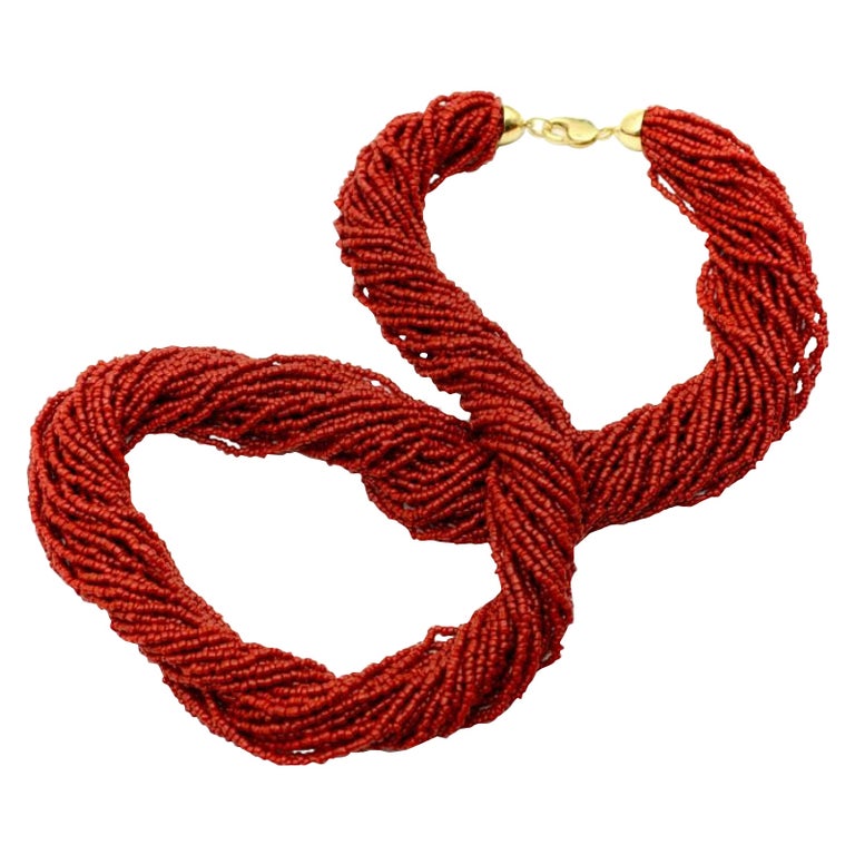 Multi-Strand Red Coral Torsade Bead Necklace with 14K Gold Clasp at 1stDibs