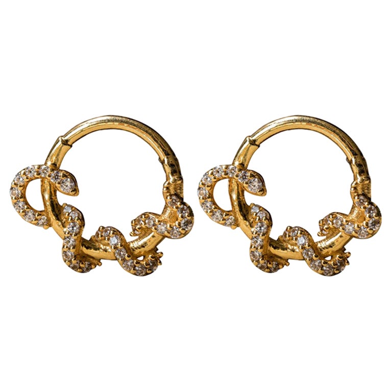 Pair of Diamond Snake Hoops, 14k Solid Gold Diamond Snake Earrings ...