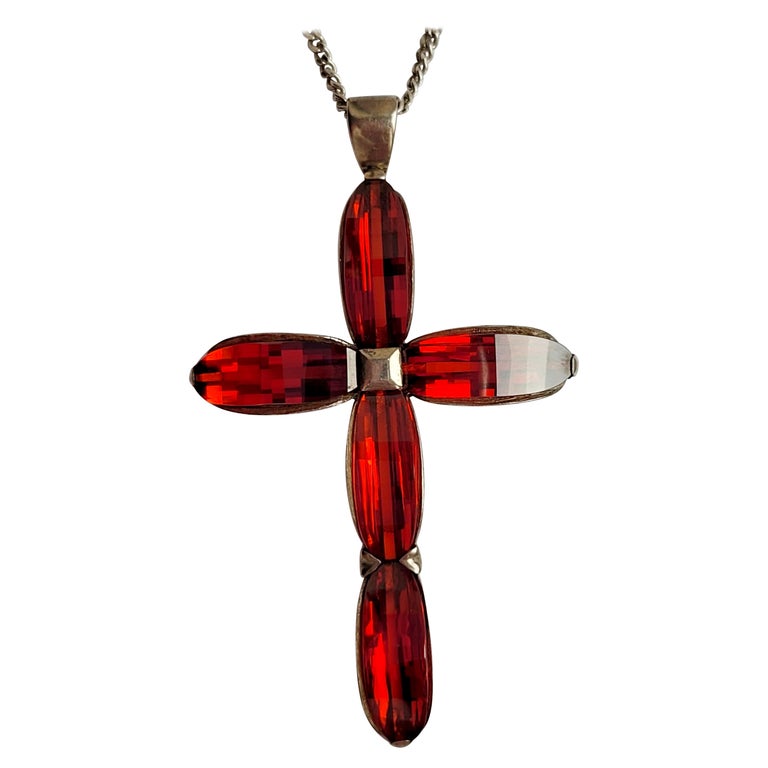 Hessonite Garnet Sterling Silver Cross Pendant Necklace For Sale at 1stDibs