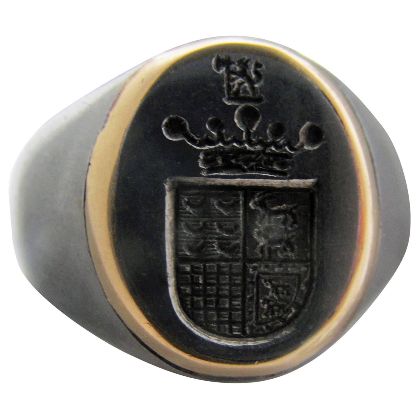 Antique Steel and Gold Signet Ring For Sale at 1stdibs