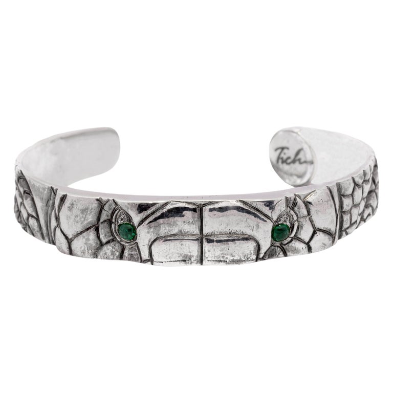 Tichu Emerald Snake Eye Cuff Sterling Silver and Crystal Quartz Size S ...