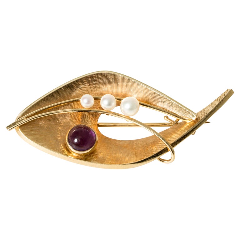 Scandinavian Vintage gold, pearl and amethyst brooch, Sweden, 1963 For ...