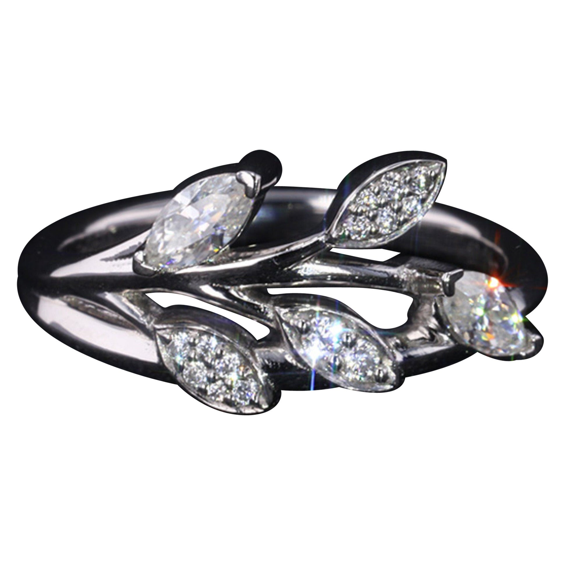 Customizable Vintage Platinum Ring For Her Natural Diamond Leaf Shape ...
