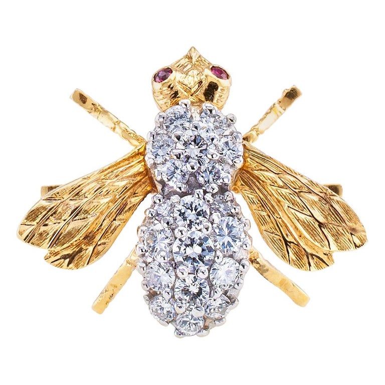 Rosenthal Diamond Ruby Gold Bee Brooch For Sale at 1stDibs