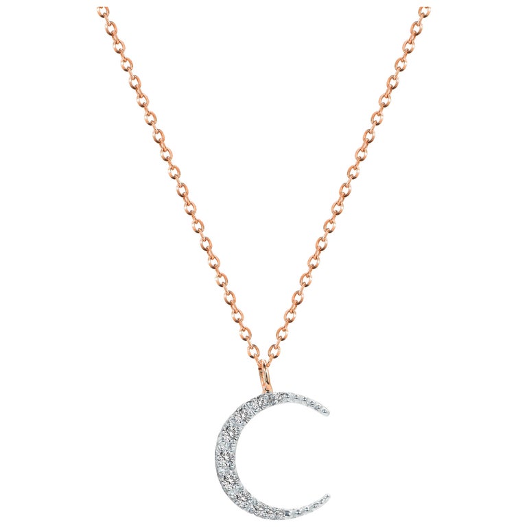18k Gold Crescent Half Moon Diamond Necklace For Sale at 1stDibs