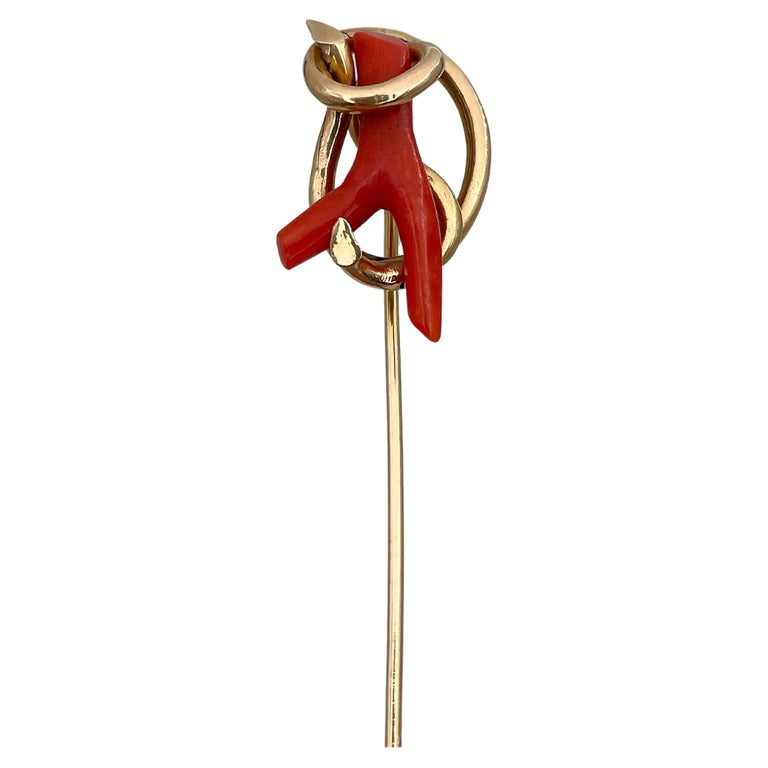 Victorian 14K Yellow Gold Coral Branch Stick Pin Brooch For Sale at 1stDibs