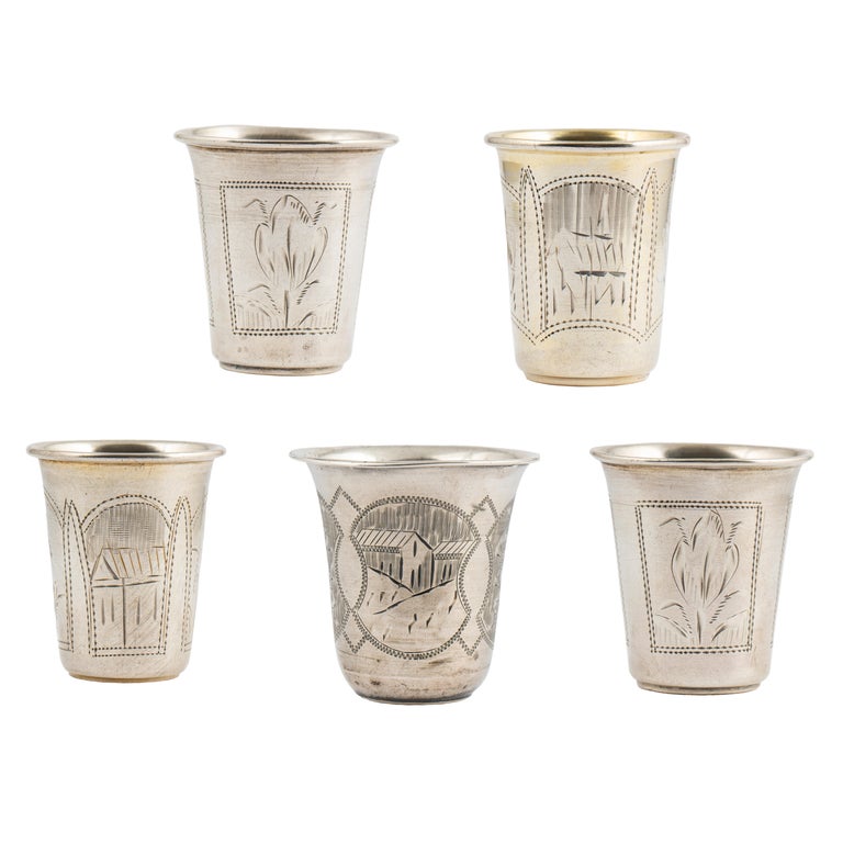 Five Ukrainian Imperial-era Silver Vodka Cups, late 19th to early 20th ...