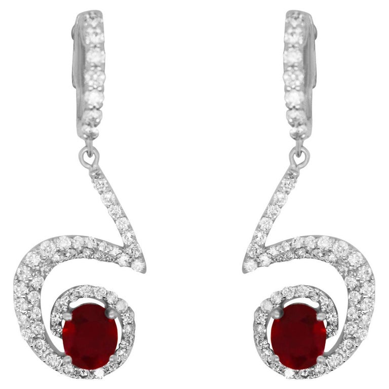 1.19 Carat Oval Ruby Brilliant White Diamond Dangle Earrings 14K White Gold For Sale at 1stDibs