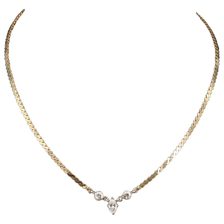 Modern 3 Stone Marquise Cut Diamonds Bridal Gold Necklace 18K Gold For ...