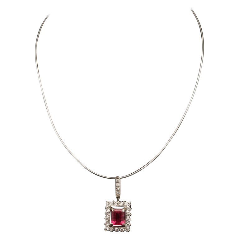 Halo Emerald Cut Ruby Diamonds Pendant Necklace, Natural Ruby For Sale ...