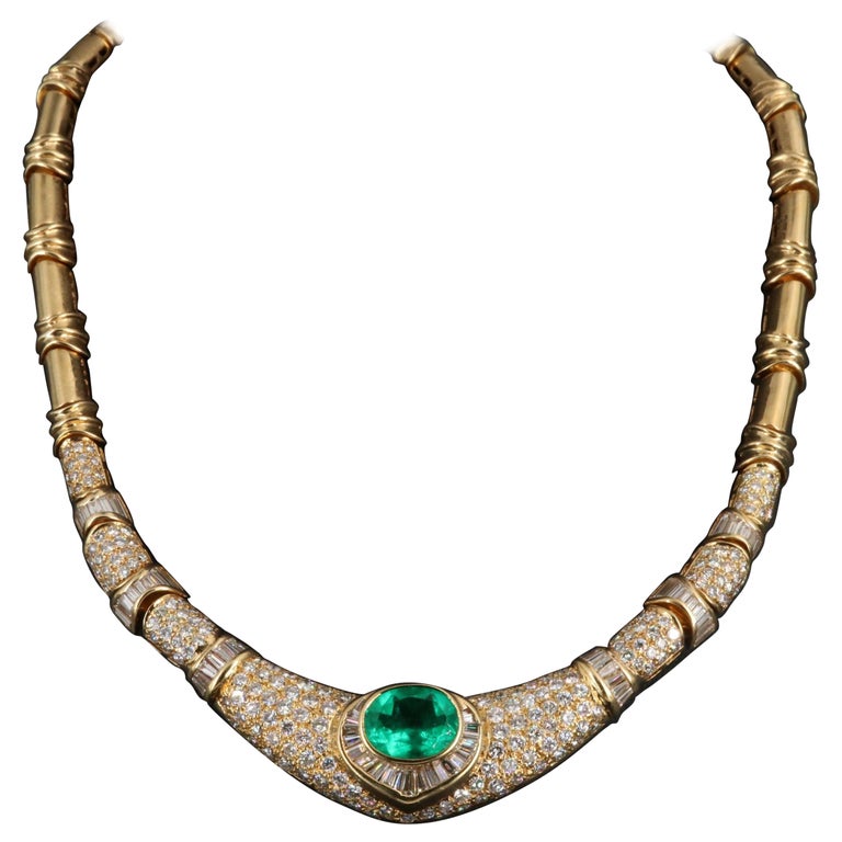 Antique Oval Cut Emerald Diamonds Chevron Gold Necklace, 18K Gold For ...