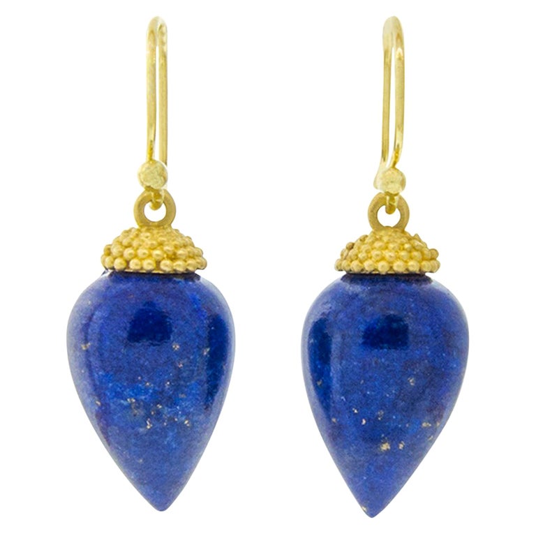 Faye Kim 18 Karat Lapis Gold Acorn Drop Earrings For Sale at 1stDibs