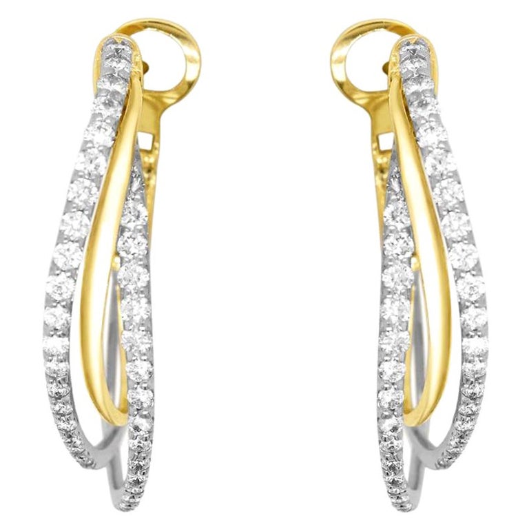 Two Toned 14K White and Yellow Gold Diamond Swirl Hoop Fashion Earrings ...